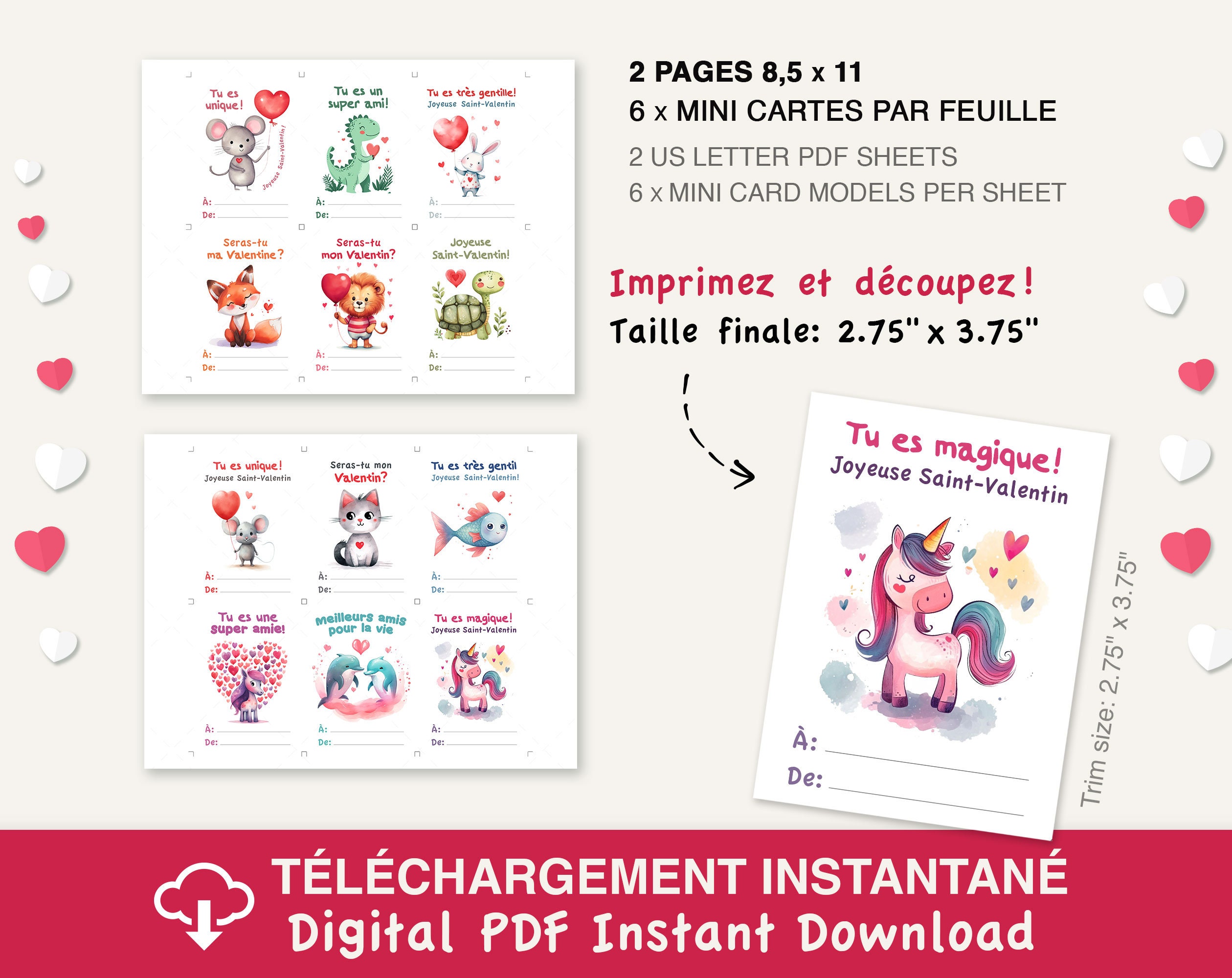 Printable Valentine's Day Cards in FRENCH, Mini Animal Valentine's Day ...