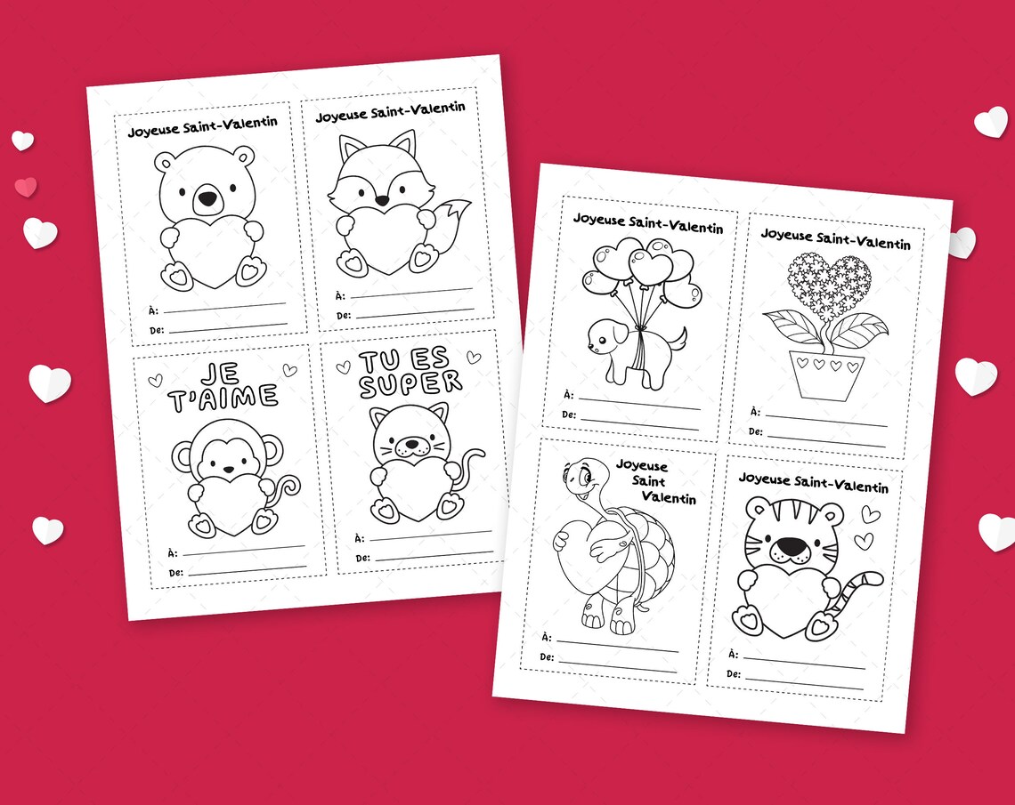 French Valentine's Day Printable Coloring Cards, Kids Valentines Cards ...
