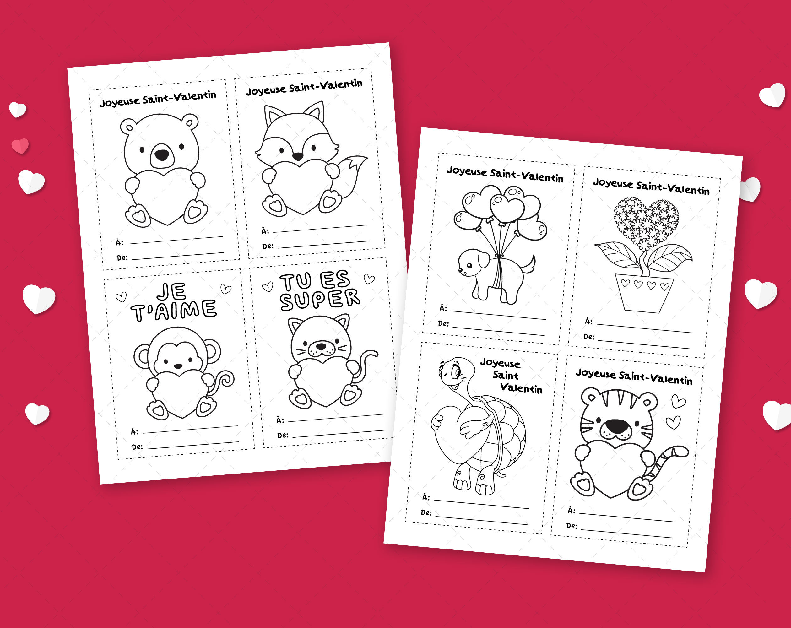 French Valentine's Day Printable Coloring Cards, Kids Valentines Cards ...