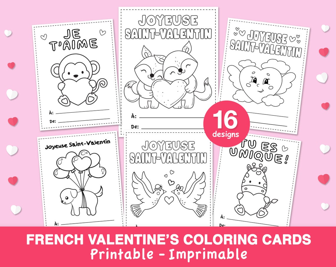 French Valentine's Day Printable Coloring Cards, Kids Valentines Cards ...