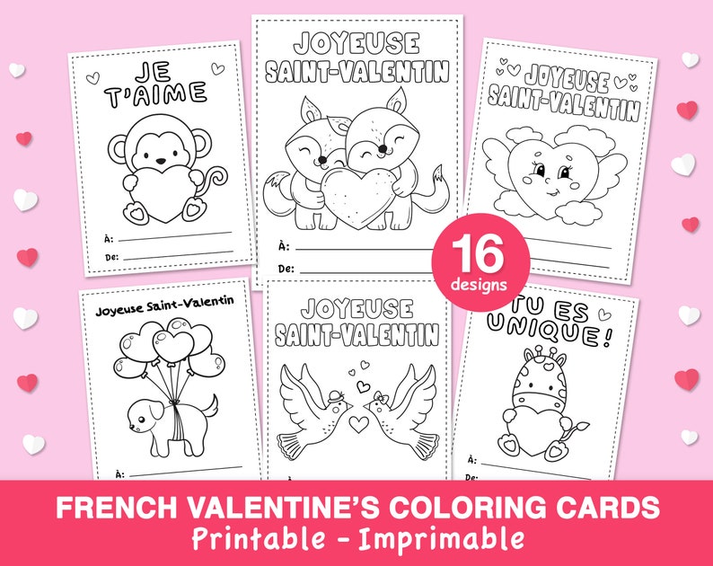 French Valentine's Day Printable Coloring Cards, Kids Valentines Cards ...