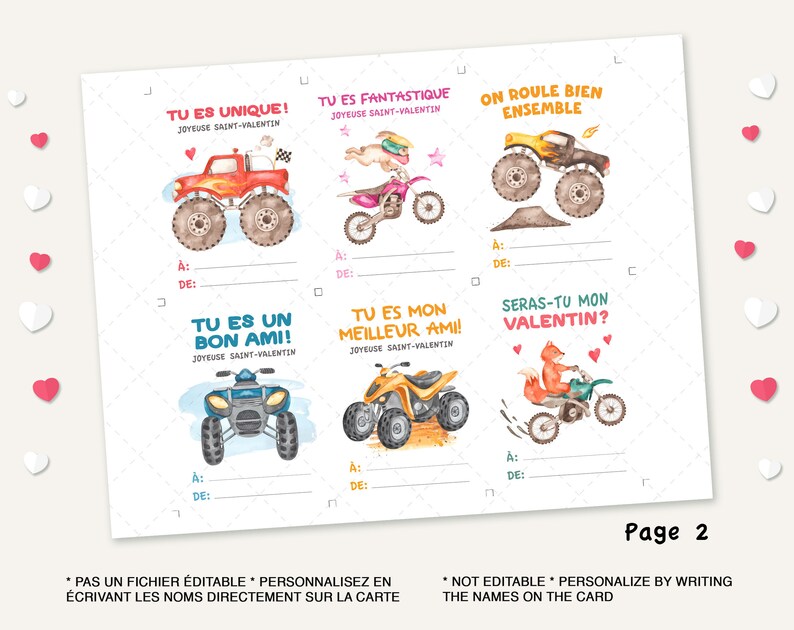 French Valentine's Day Printable Kids Cards, Monster Trucks, Motorcycle ...