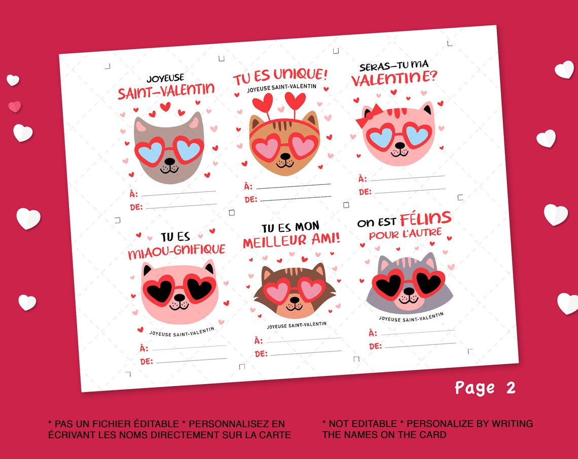 Printable Valentine's Day Cards in FRENCH, Cute Dog and Cats, French ...