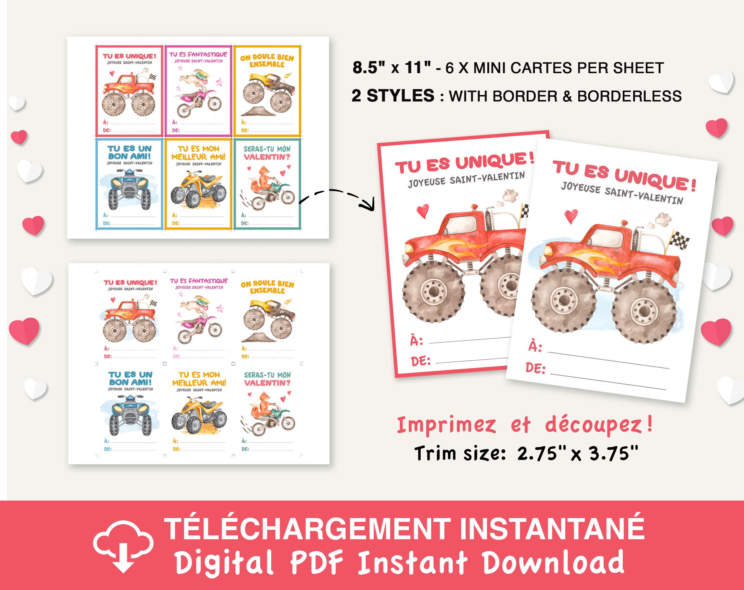 French Valentine's Day Printable Kids Cards, Monster Trucks, Motorcycle ...
