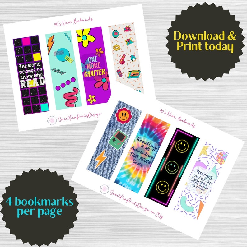 Printable Retro Neon Bookmarks 90s Inspired for Book Nook Accessory for ...