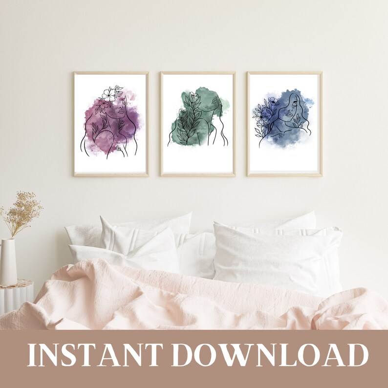 THREE Watercolor Women Printable Wall Art, Jewel Color Watercolor ...