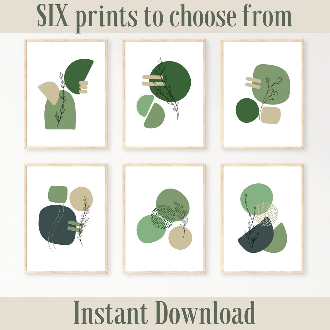 Set of 6 Green Neutral Geometric Floral Print Art, Instant Download ...
