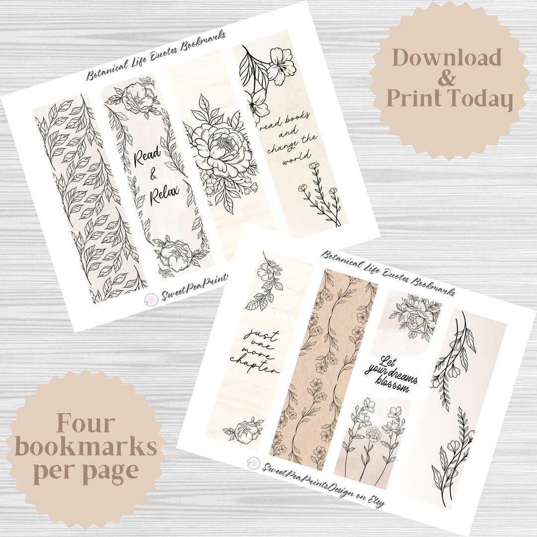 Printable Botanical Quotes Bookmarks for Book Nook Accessory Book Lover ...