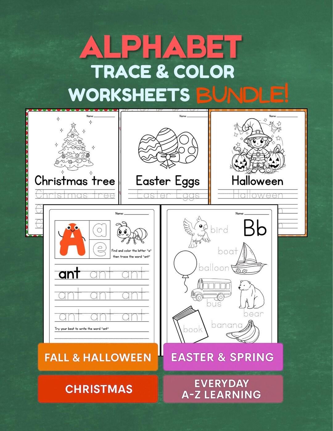 Alphabet Trace & Color Worksheets Bundle: Seasonal Editions (PDF ...