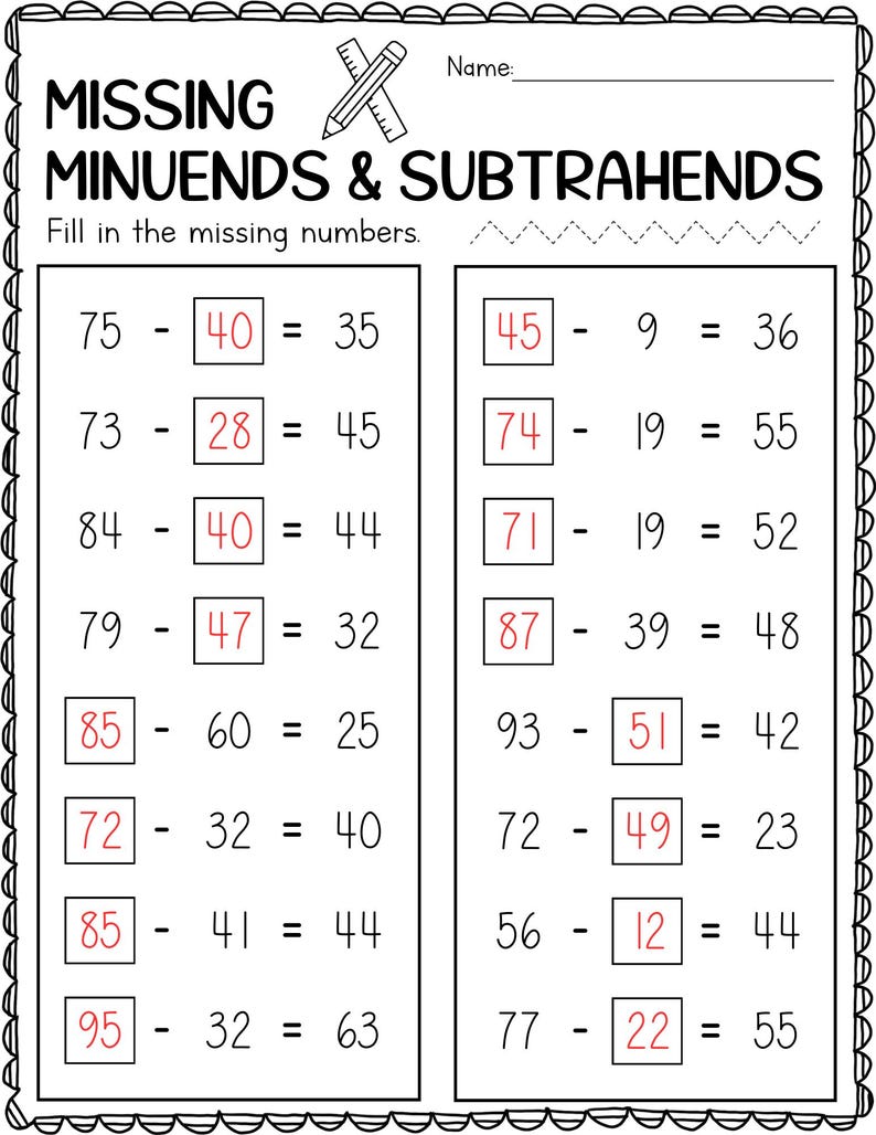 Subtraction Practice Worksheets: Missing Numbers Within 100 (PDF ...