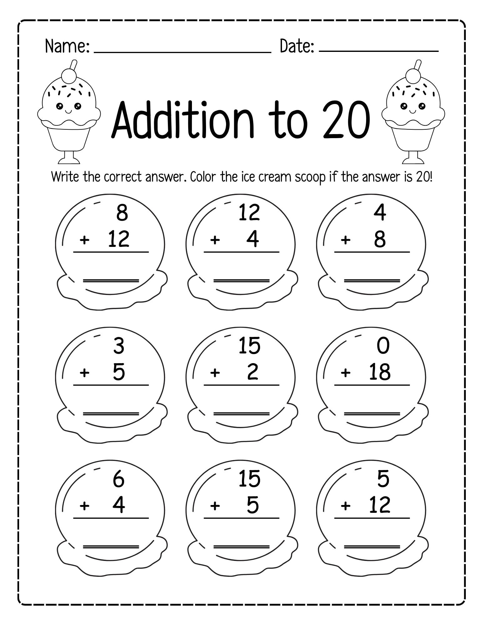 Ice Cream Candy Addition Worksheets: Kindergarten & 1st Grade ...