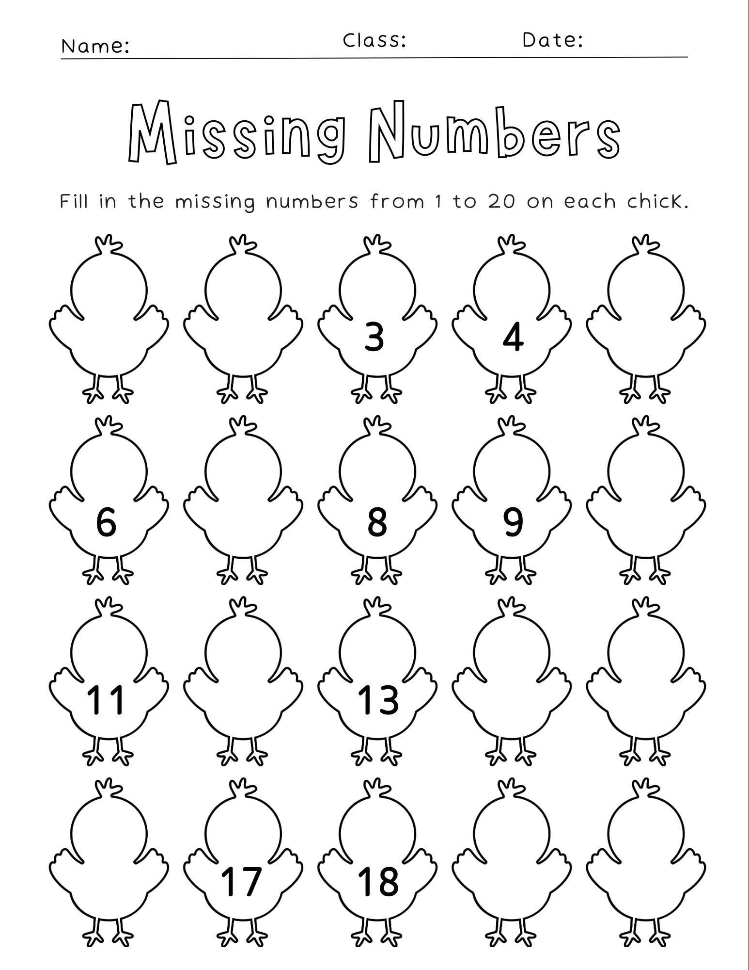 Printable Missing Numbers 1-20 Worksheets for Kindergarten, 1st Grade ...