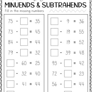 Subtraction Practice Worksheets: Missing Numbers Within 100 (PDF ...