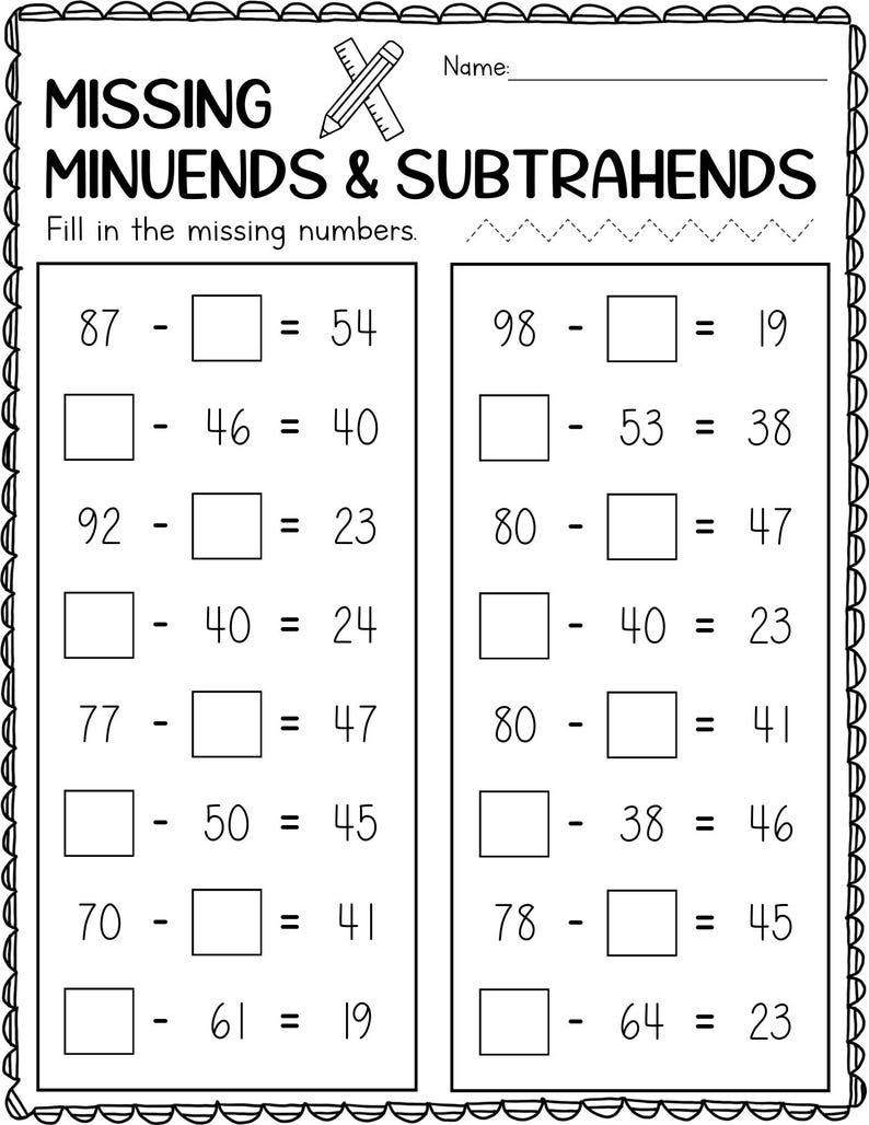 Subtraction Practice Worksheets: Missing Numbers Within 100 (PDF ...