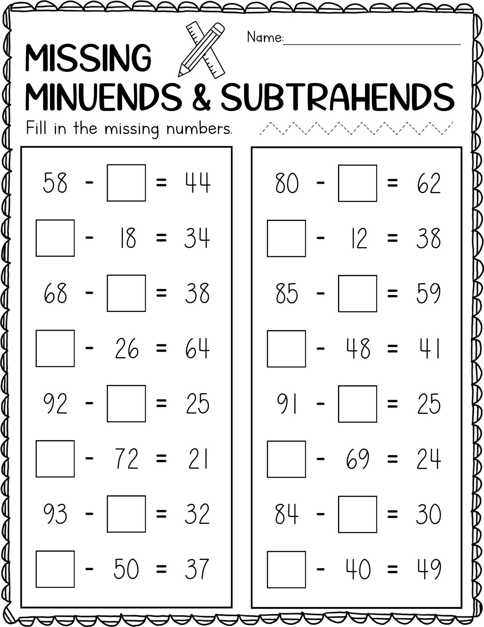 Subtraction Practice Worksheets: Missing Numbers Within 100 (PDF ...