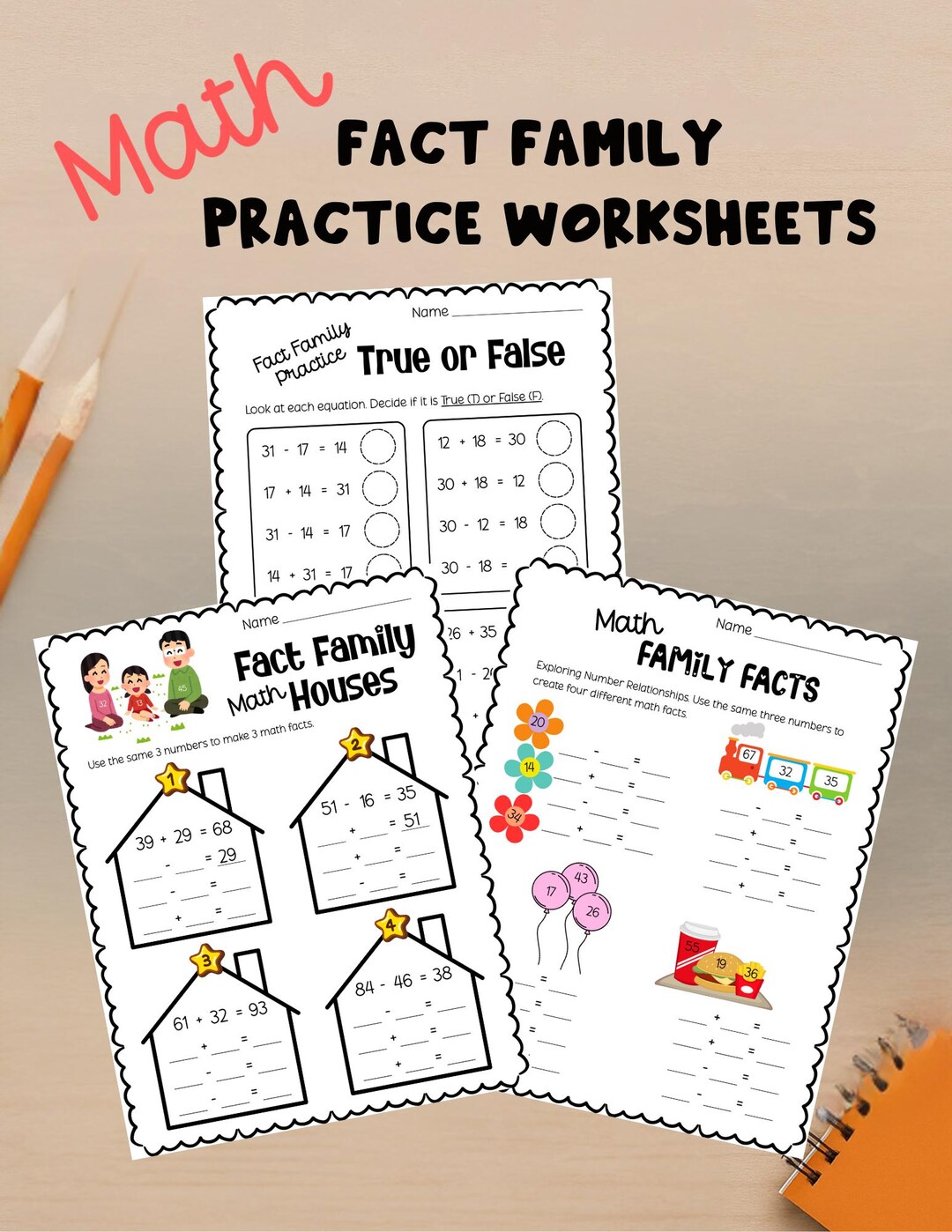 Math Fact Family Worksheets: Addition & Subtraction Practice (printable ...