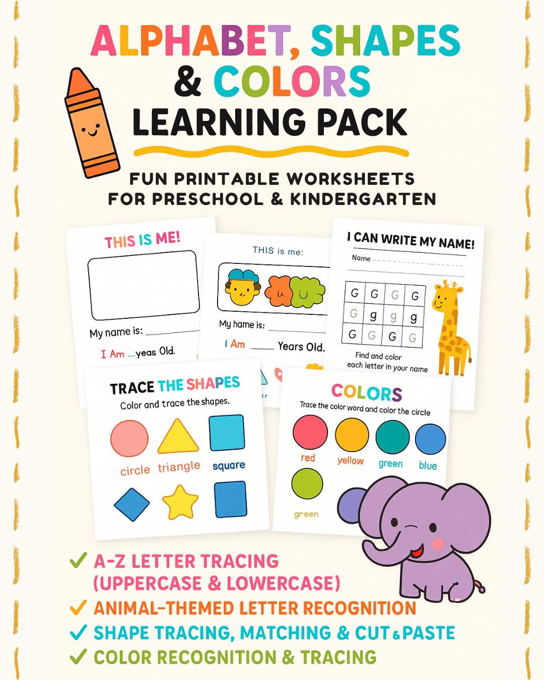 Alphabet, Shapes & Colors Learning Pack | Fun Printable Worksheets for ...