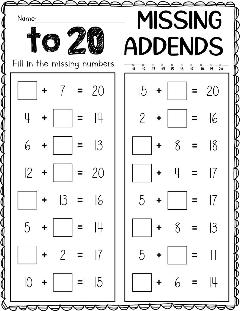 Missing Addends Worksheets: Addition Practice 1-20 (PDF Download) - Etsy