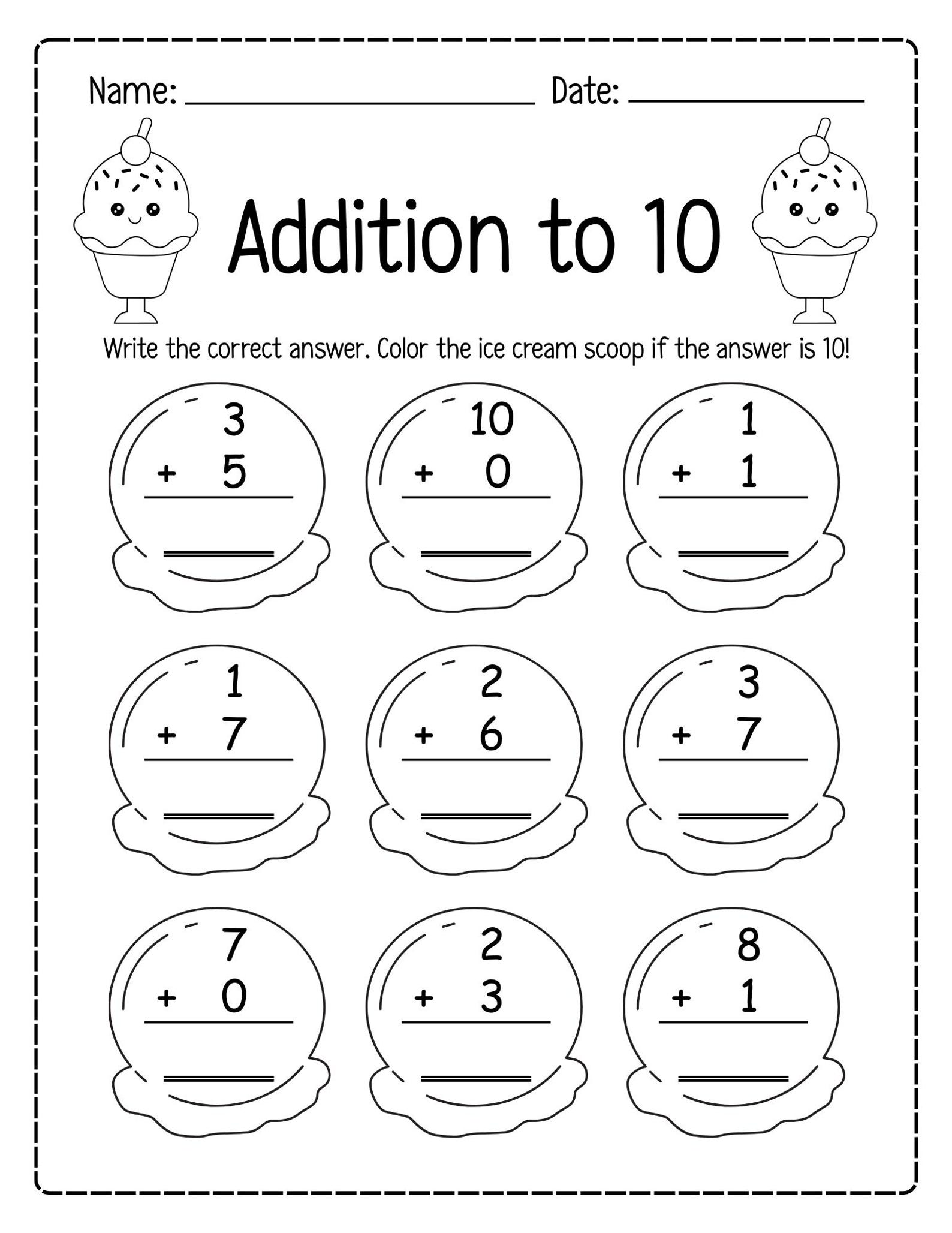 Ice Cream Candy Addition Worksheets: Kindergarten & 1st Grade ...