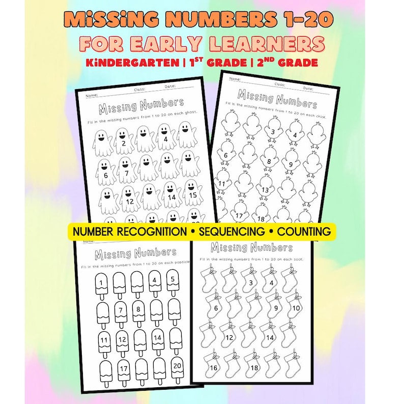 Printable Missing Numbers 1-20 Worksheets for Kindergarten, 1st Grade ...