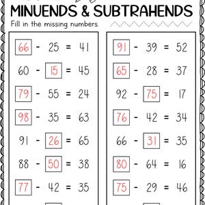 Subtraction Practice Worksheets: Missing Numbers Within 100 (PDF ...