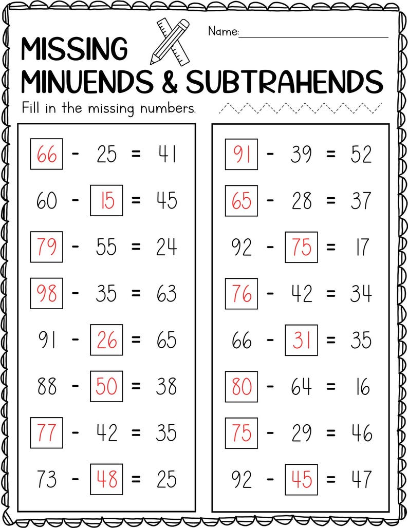 Subtraction Practice Worksheets: Missing Numbers Within 100 (PDF ...