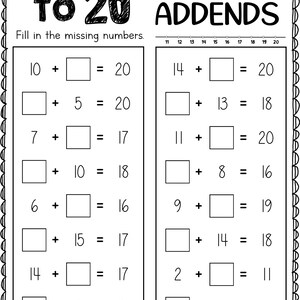 Missing Addends Worksheets: Addition Practice 1-20 (PDF Download) - Etsy