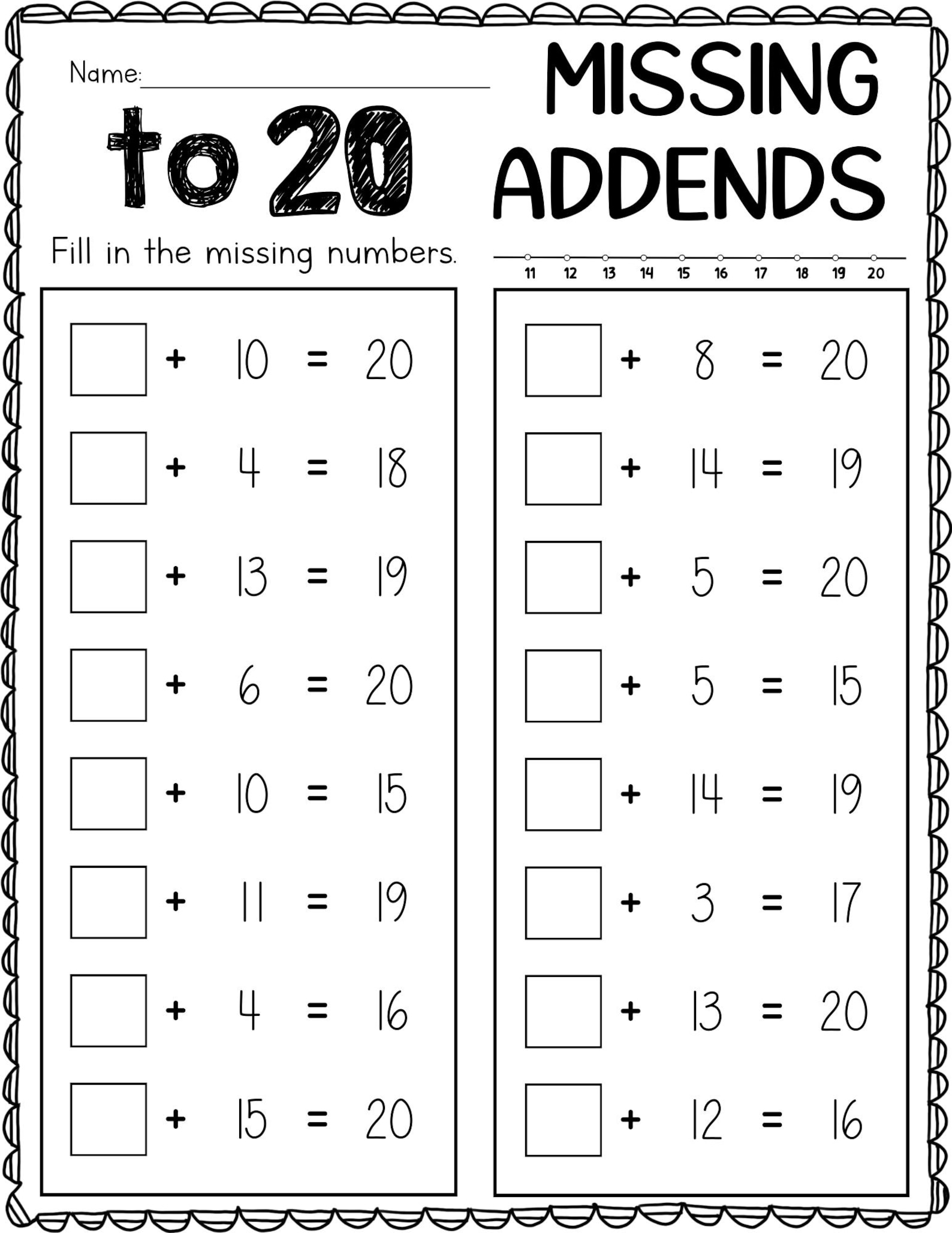 Missing Addends Worksheets: Addition Practice 1-20 (PDF Download) - Etsy