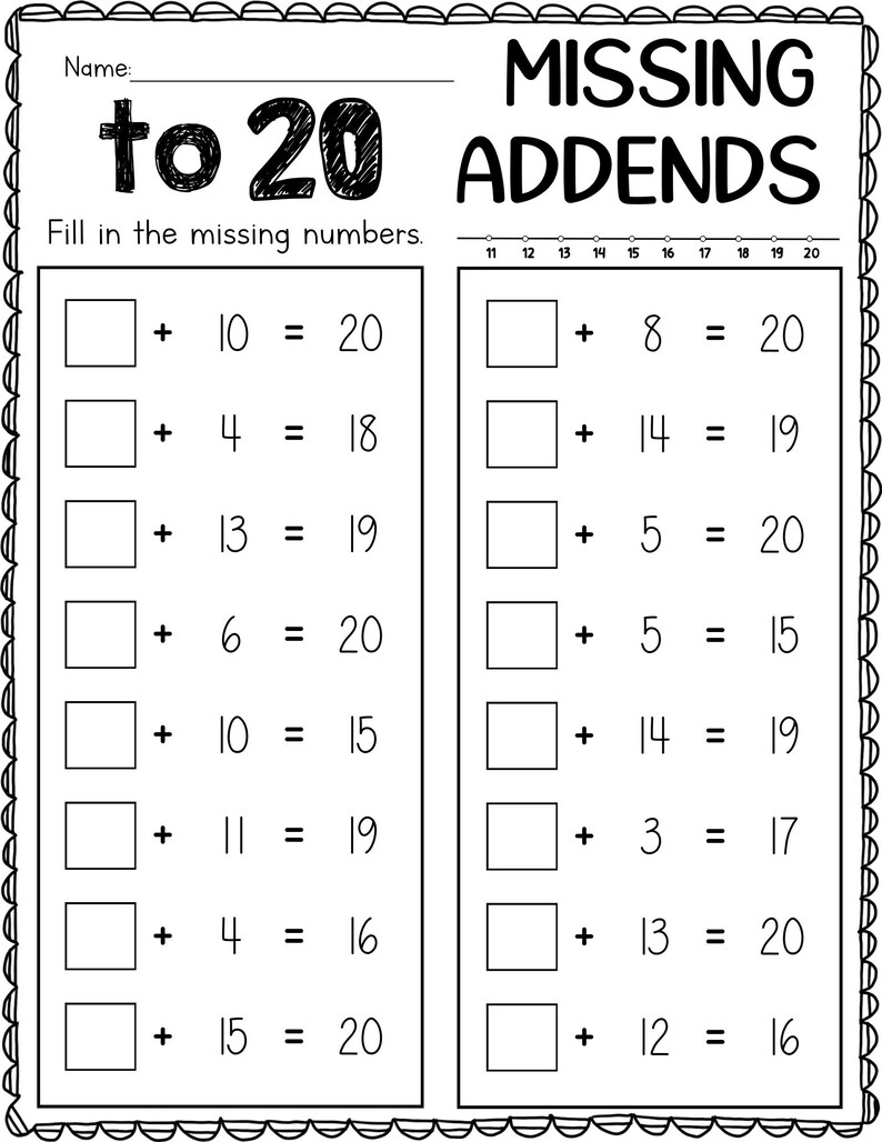 Missing Addends Worksheets: Addition Practice 1-20 (PDF Download) - Etsy