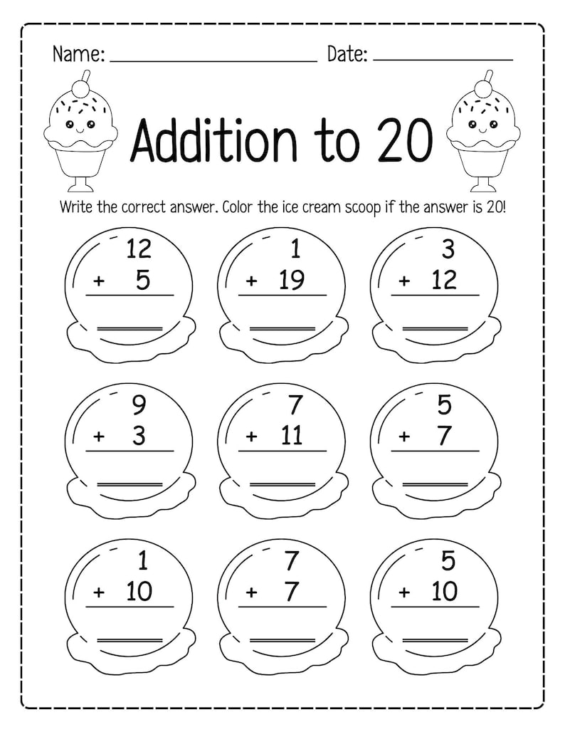 Ice Cream Candy Addition Worksheets: Kindergarten & 1st Grade ...