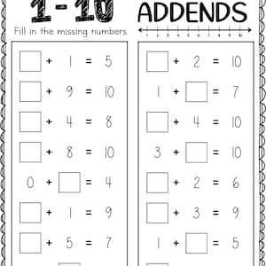 Missing Addends Worksheets: Addition Practice 1-20 (PDF Download) - Etsy