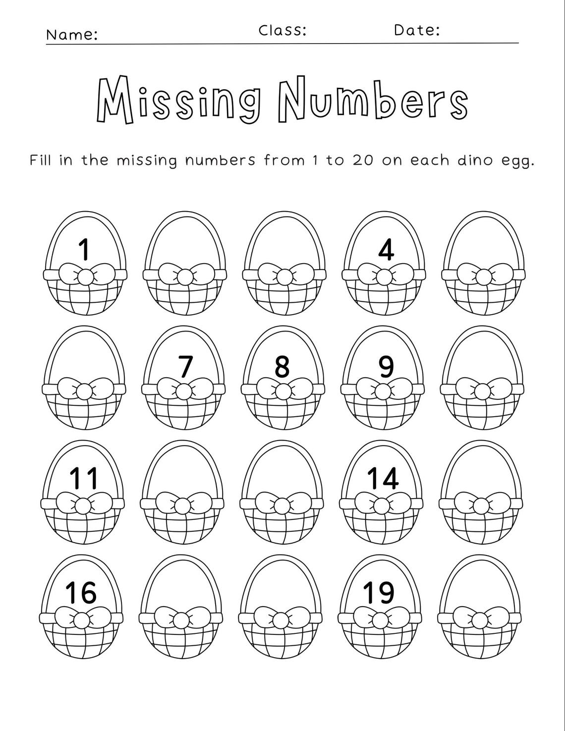Printable Missing Numbers 1-20 Worksheets for Kindergarten, 1st Grade ...