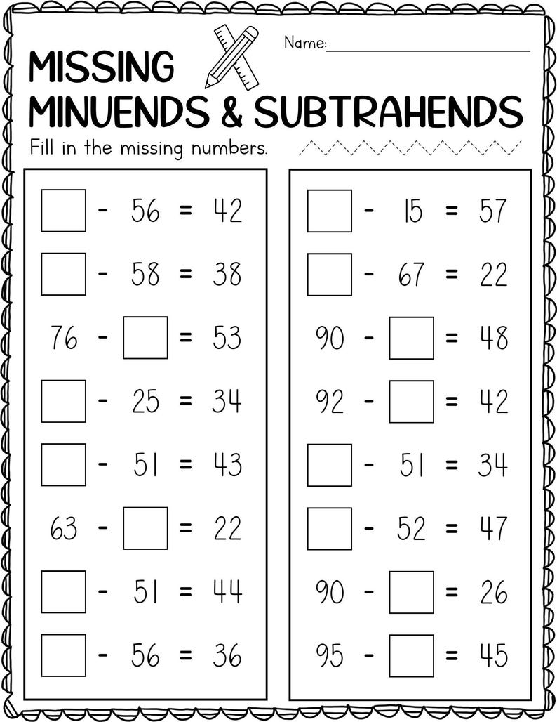 Subtraction Practice Worksheets: Missing Numbers Within 100 (PDF ...