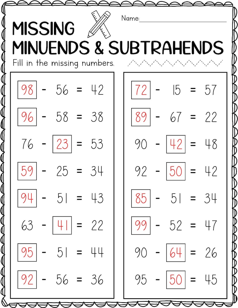 Subtraction Practice Worksheets: Missing Numbers Within 100 (PDF ...