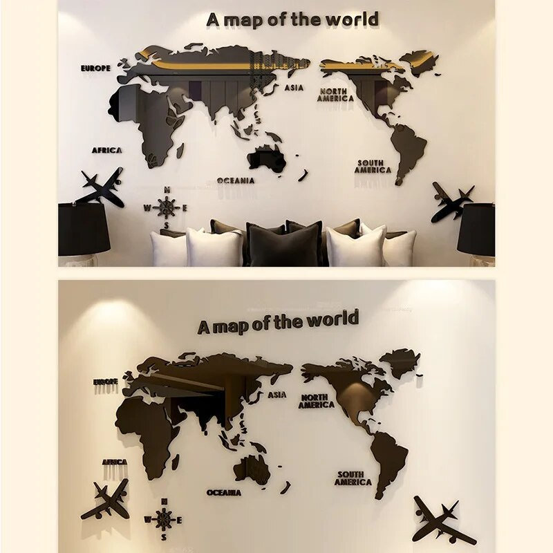 World Map Wall 3D Acrylic Wall Stickers Three-dimensional Mirror ...