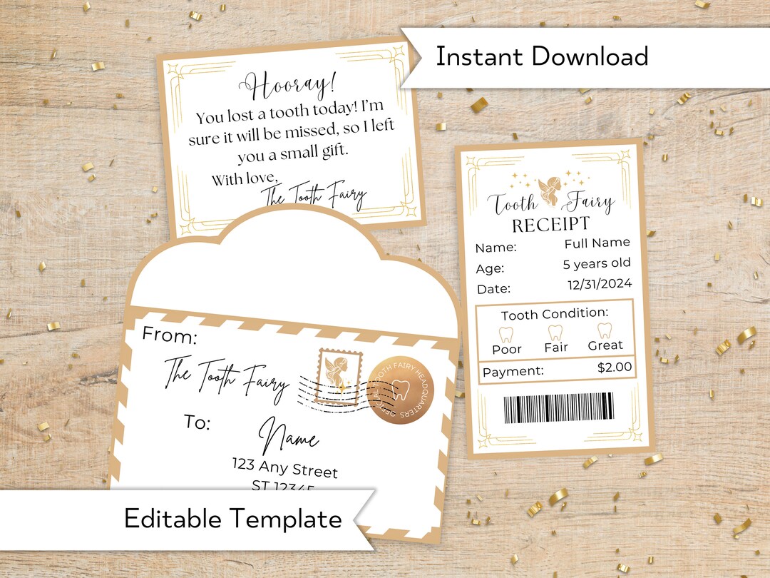 Editable Printable Tooth Fairy Kit – Letter, Receipt, Envelope (digital ...