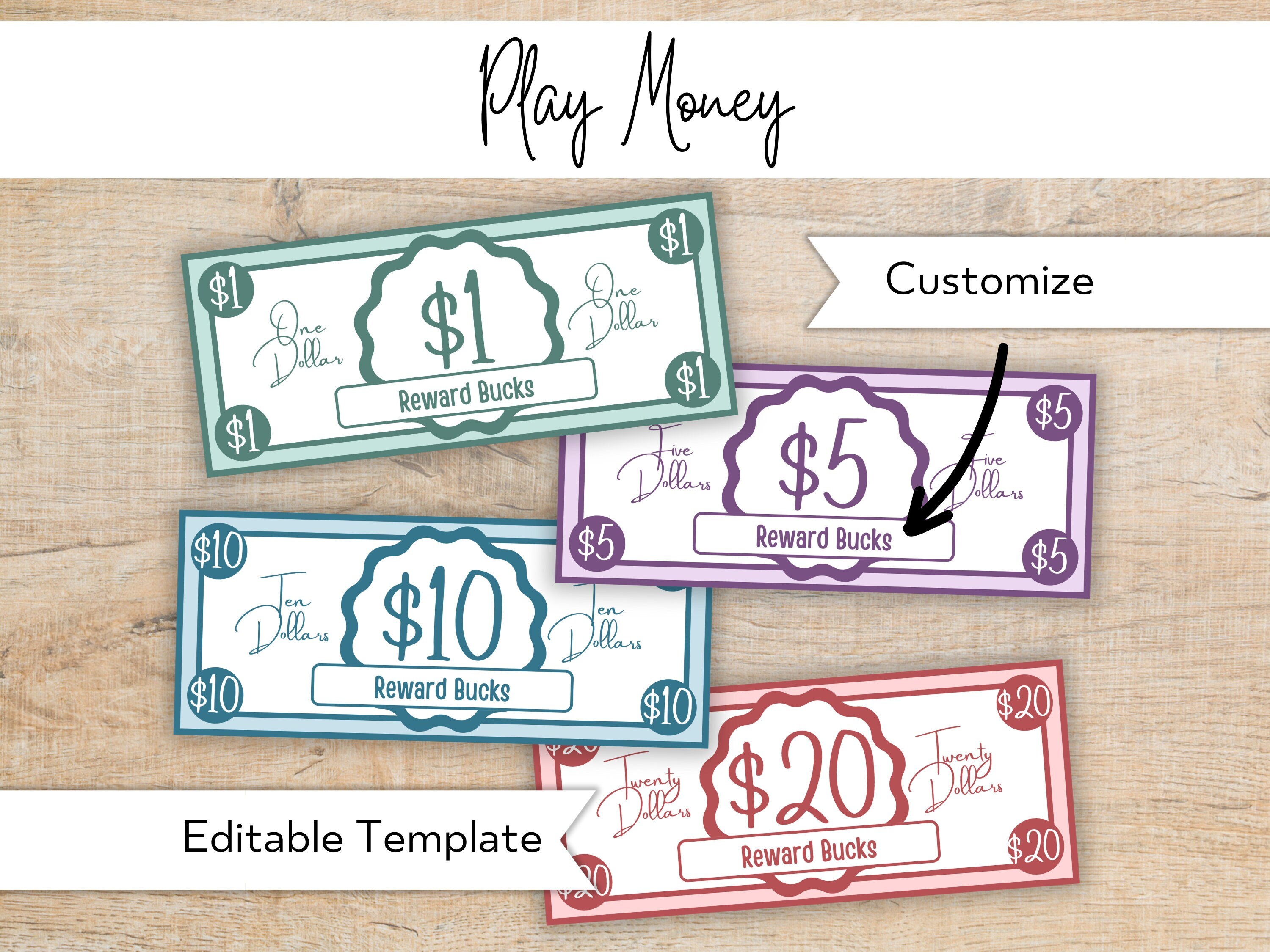 Printable Play Money Editable Reward Bucks Customizable Behavior Bucks ...