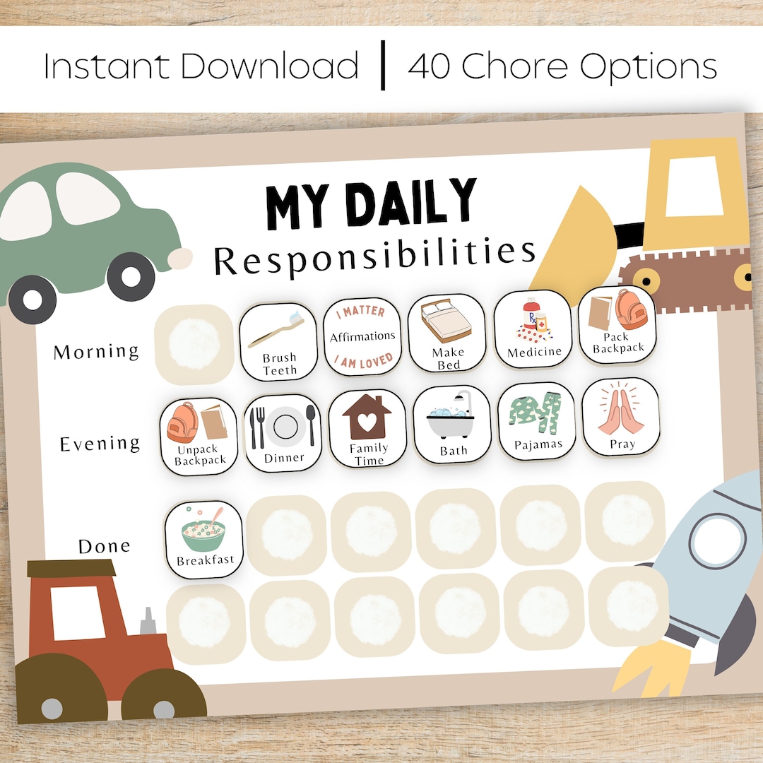 Daily Chore Chart for Kids Daily Responsibilities Chart Printable Daily ...