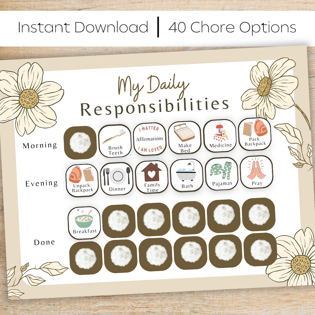 Daily Chore Chart for Kids Daily Responsibilities Chart Printable Daily ...