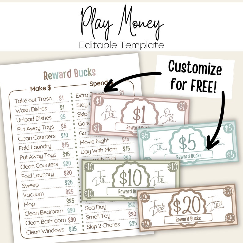 Printable Play Money Editable Reward Bucks Customizable Behavior Bucks ...