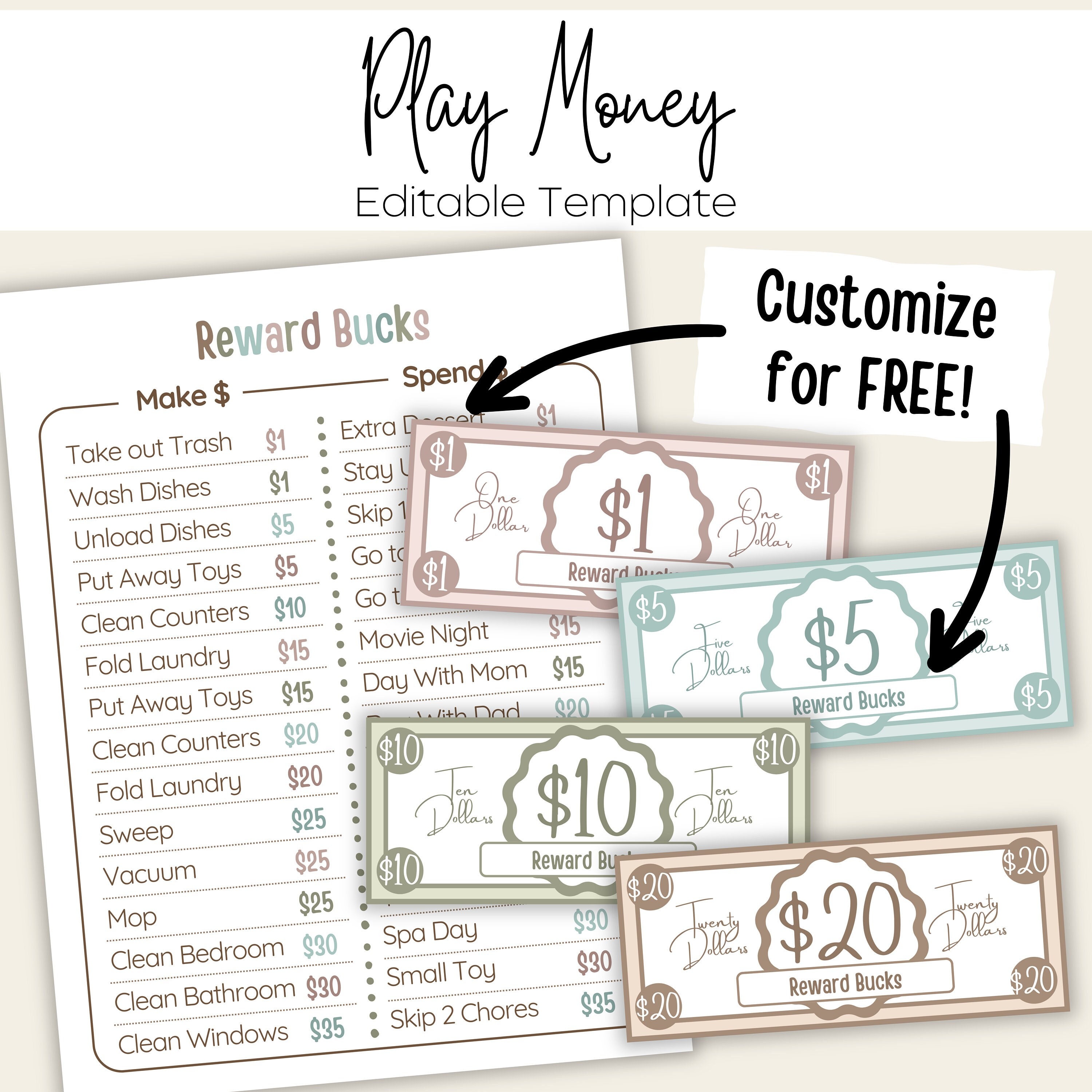 Printable Play Money Editable Reward Bucks Customizable Behavior Bucks ...