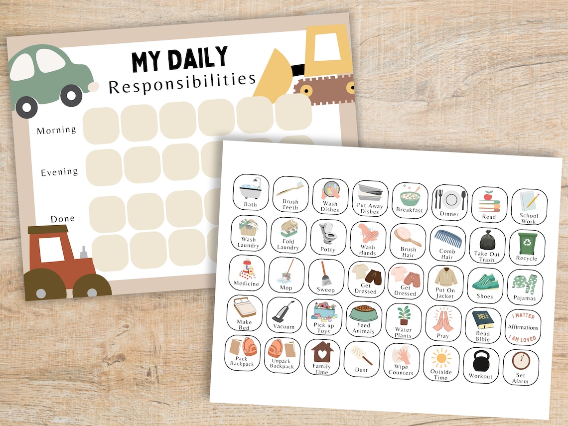 Kids Daily Chore Chart – Vehicle Theme, Responsibility Printable (PDF ...