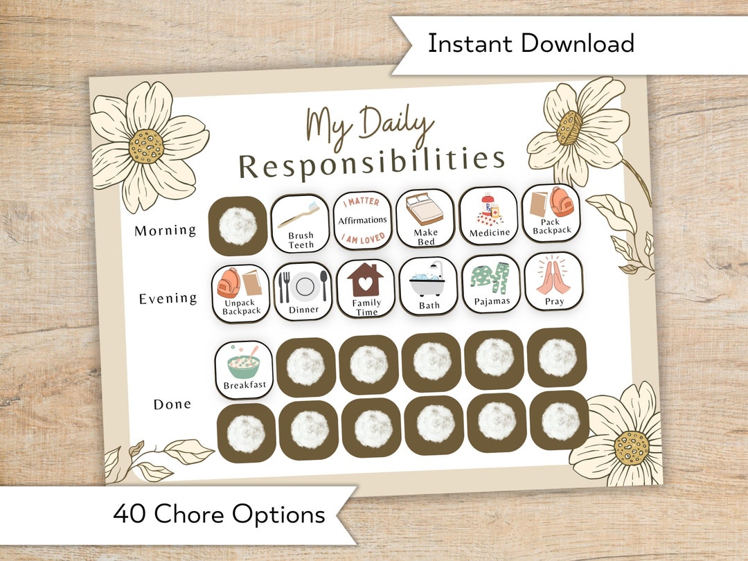 Daily Chore Chart for Kids - Daily Responsibilities Chart - Printable ...