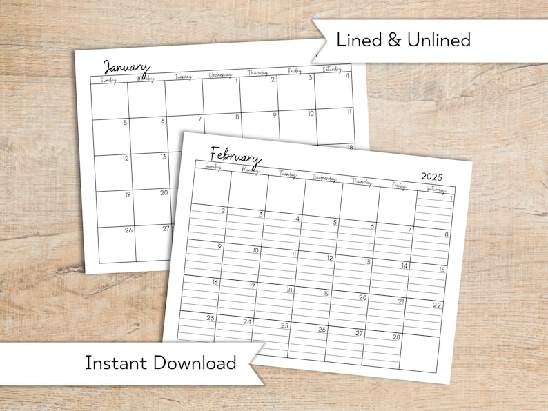2025 Monthly Calendar Printable, Lined Unlined Planner Insert ...