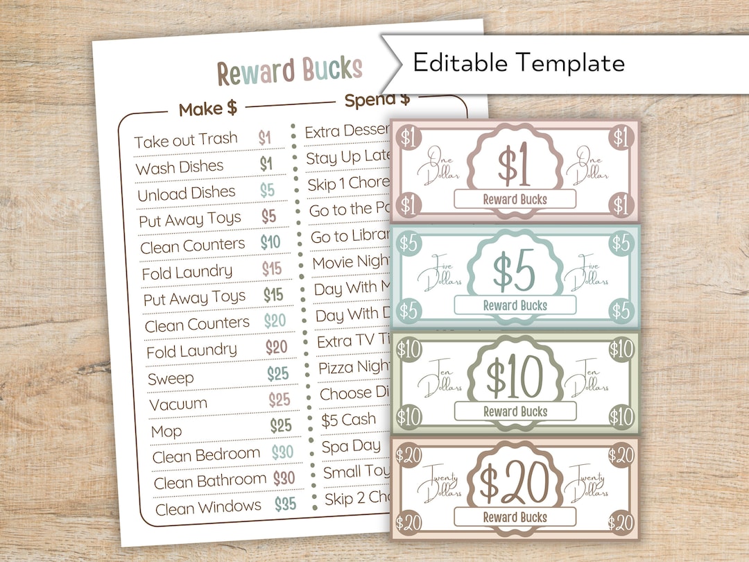 Printable Play Money - Editable Reward Bucks - Customizable Behavior ...