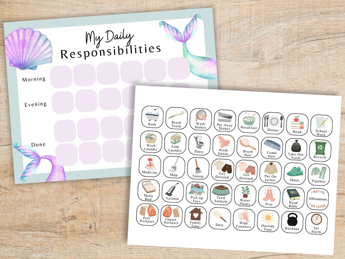 Mermaid Daily Chore Chart for Kids – Printable Responsibility Checklist ...