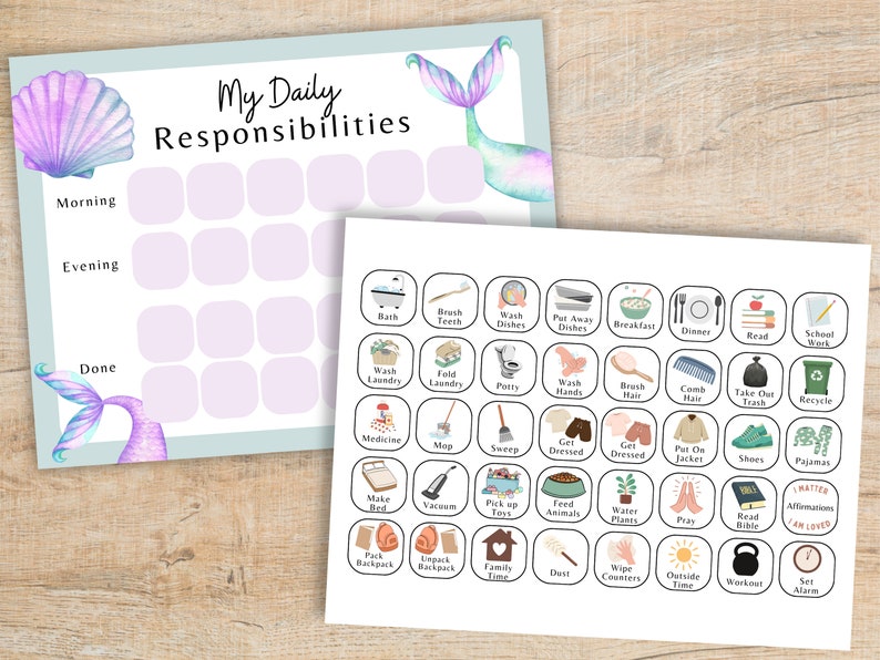 Mermaid Daily Chore Chart for Kids – Printable Responsibility Checklist ...