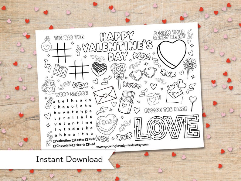 Valentine's Day Coloring Placemat - Kids Party Activity (PDF Download ...
