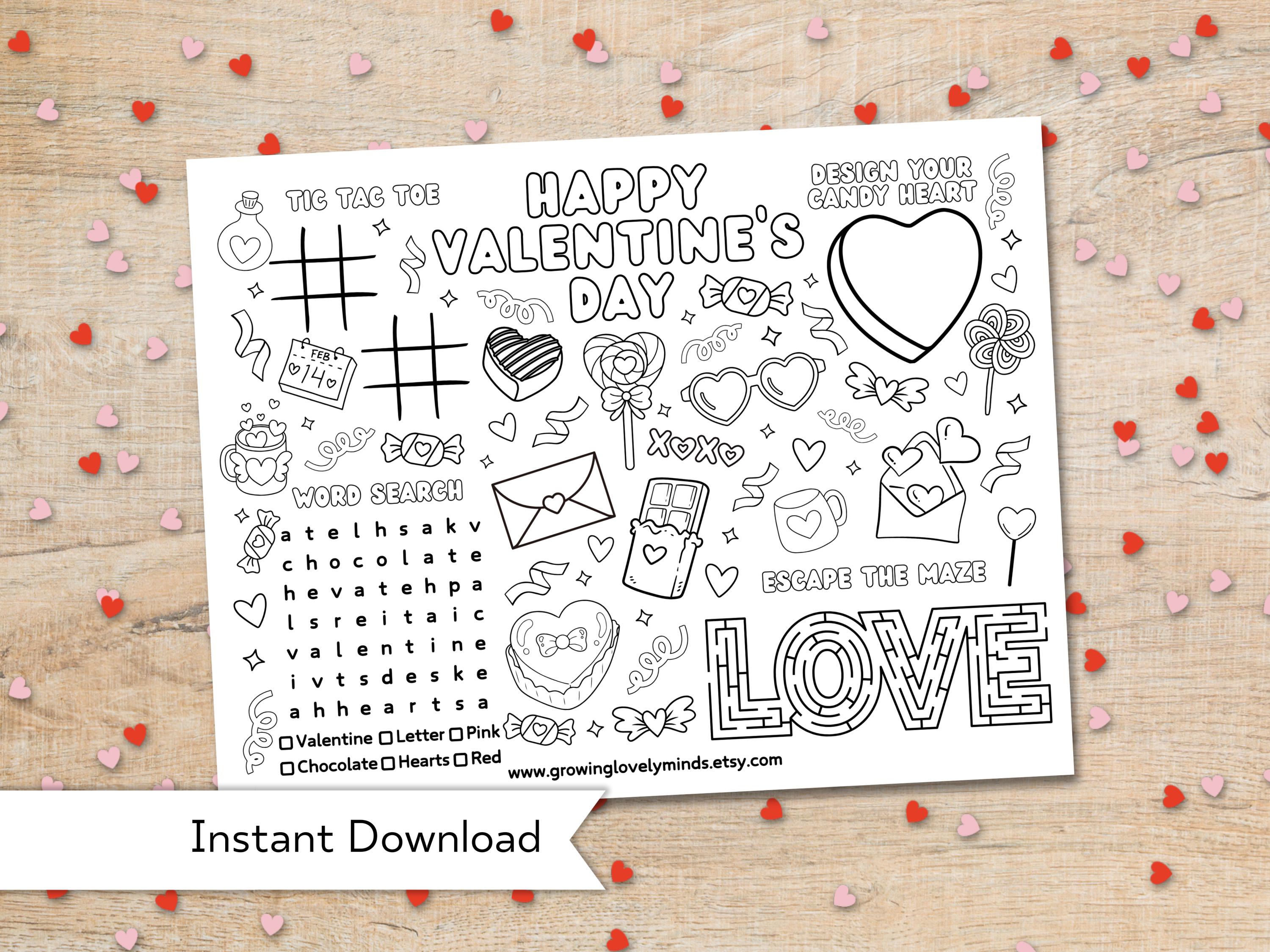 Valentine's Day Coloring Placemat - Kids Party Activity (PDF Download ...