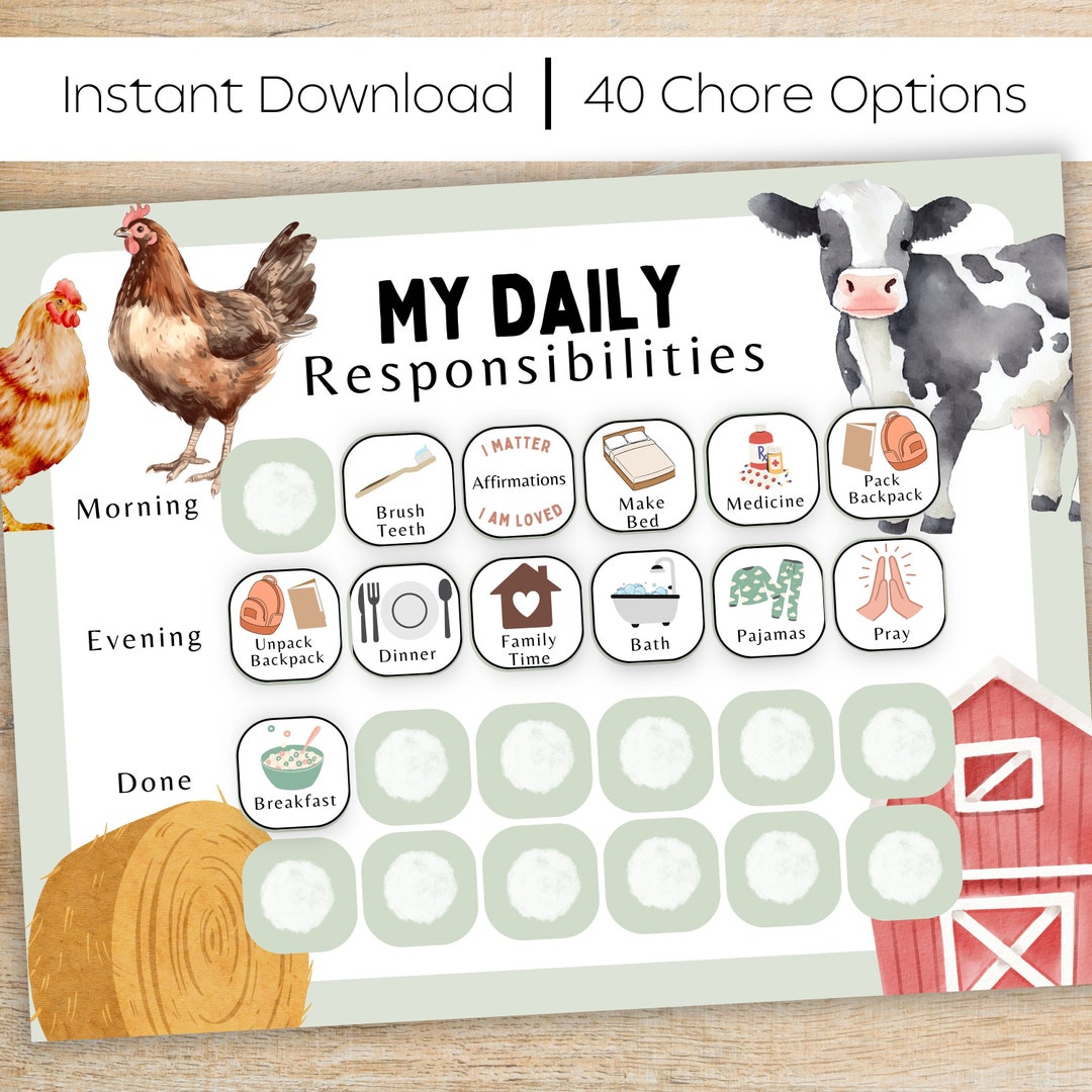 Daily Chore Chart for Kids Daily Responsibilities Chart Printable Daily ...